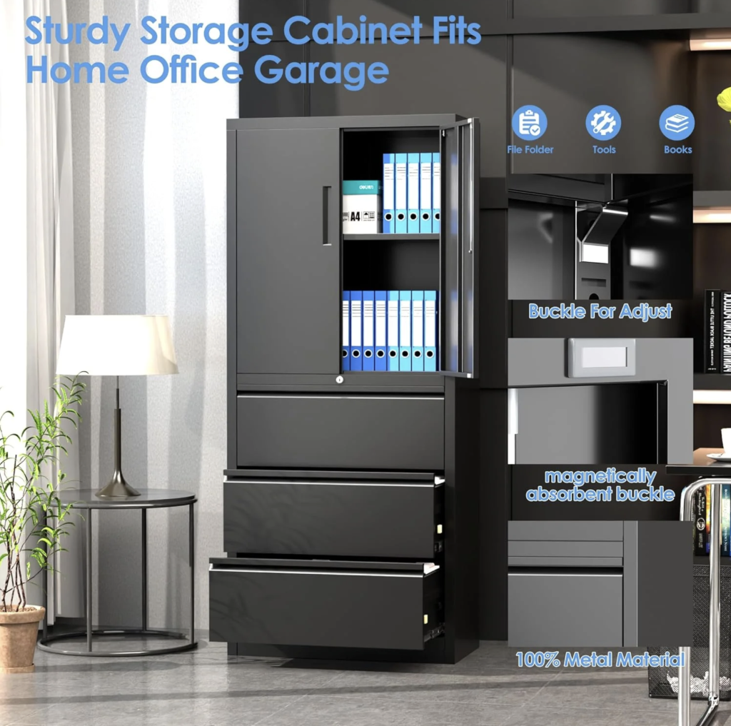 Filex Tall Filing Storage Cabinet 2 Doors + 3 Drawers Black